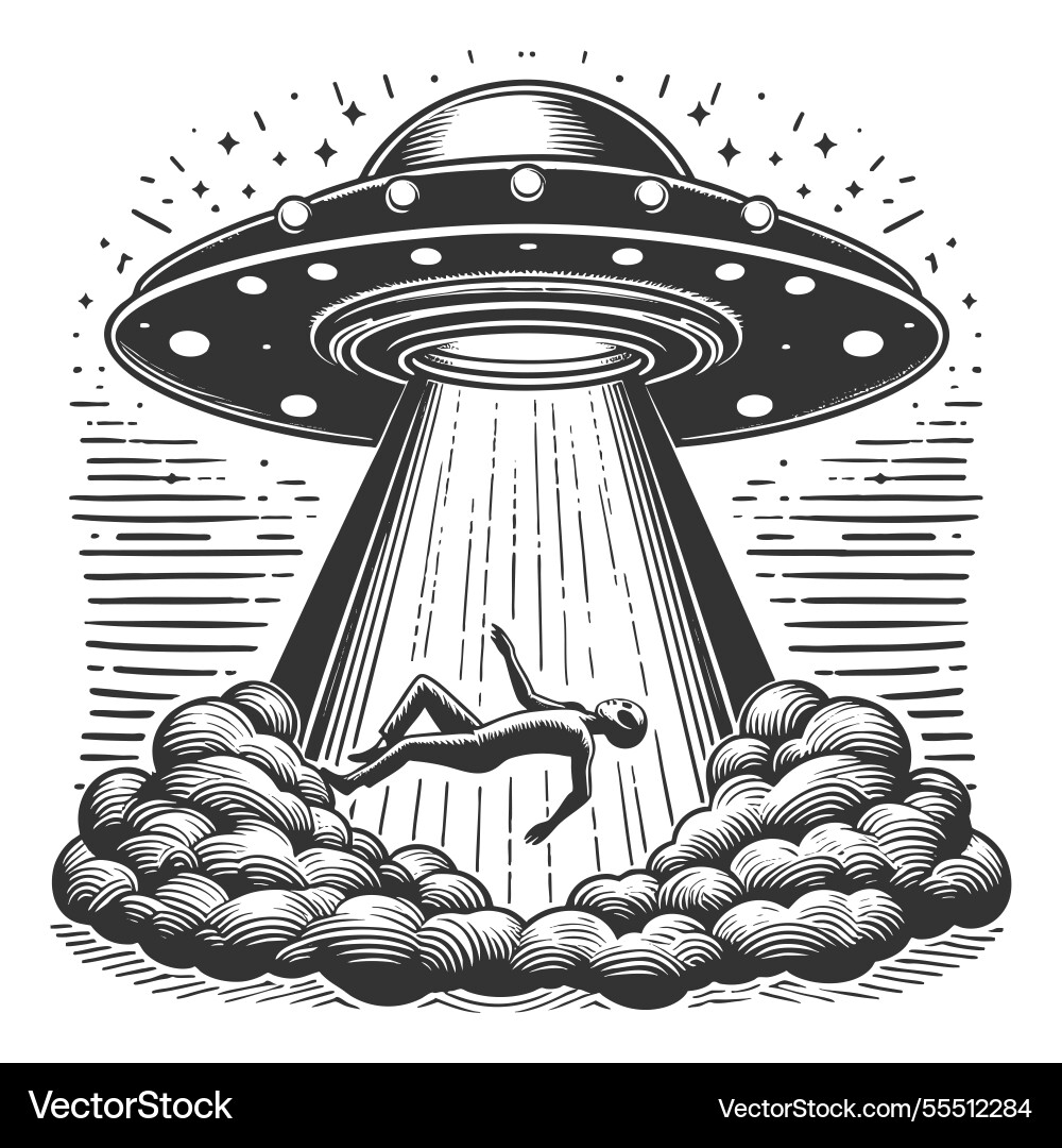 Ufo abduction with alien beam engraving Royalty Free Vector