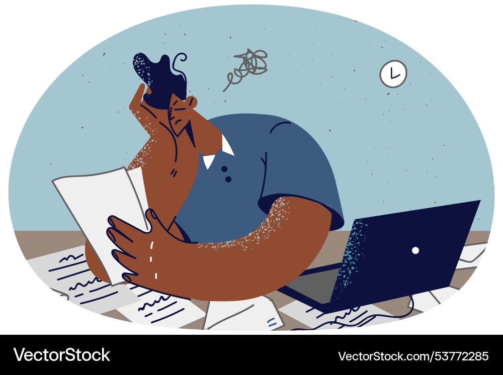 Tired employee overwhelmed with paperwork Vector Image