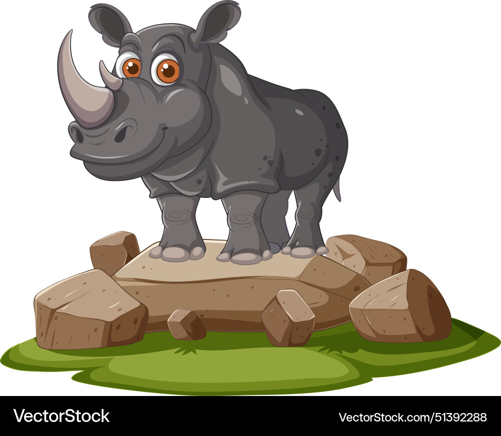Smiling rhino standing on rocks and grass Vector Image