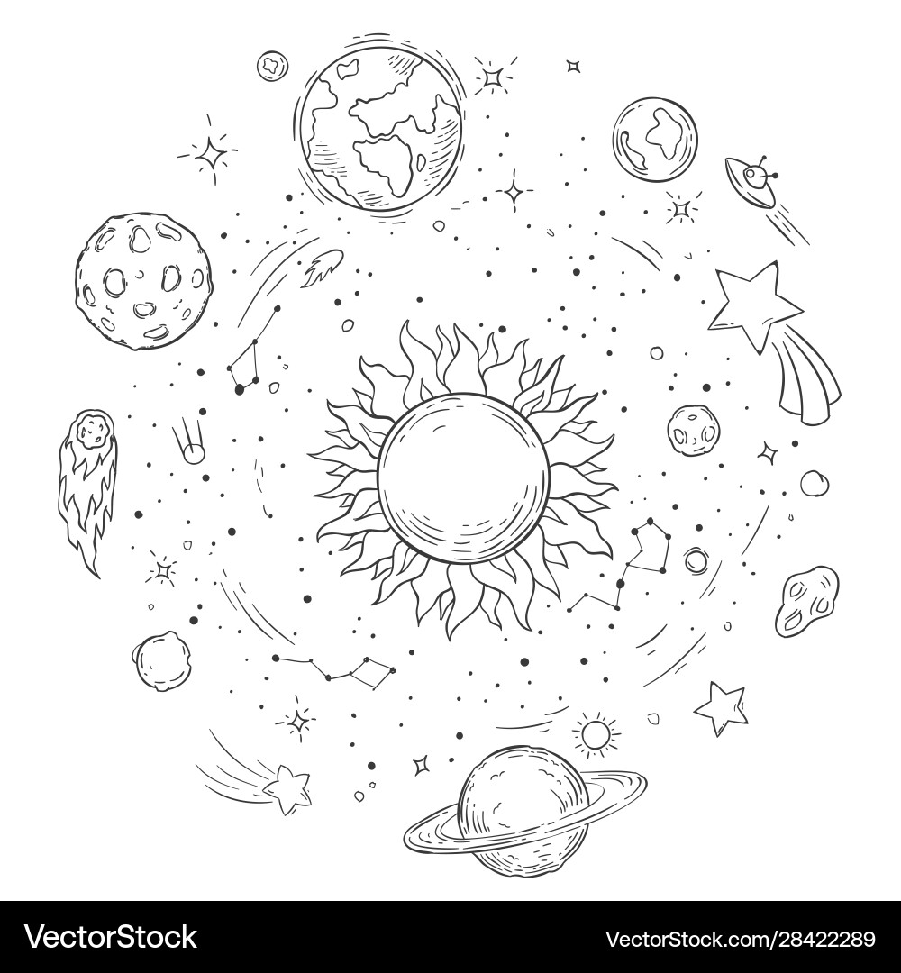 Cosmic Doodle: Sun, Comet & Earth Royalty Free Vector