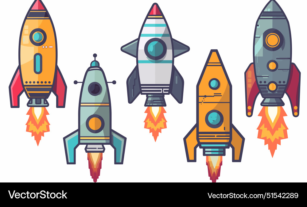 Five cartoon rockets colorful designs flames Vector Image