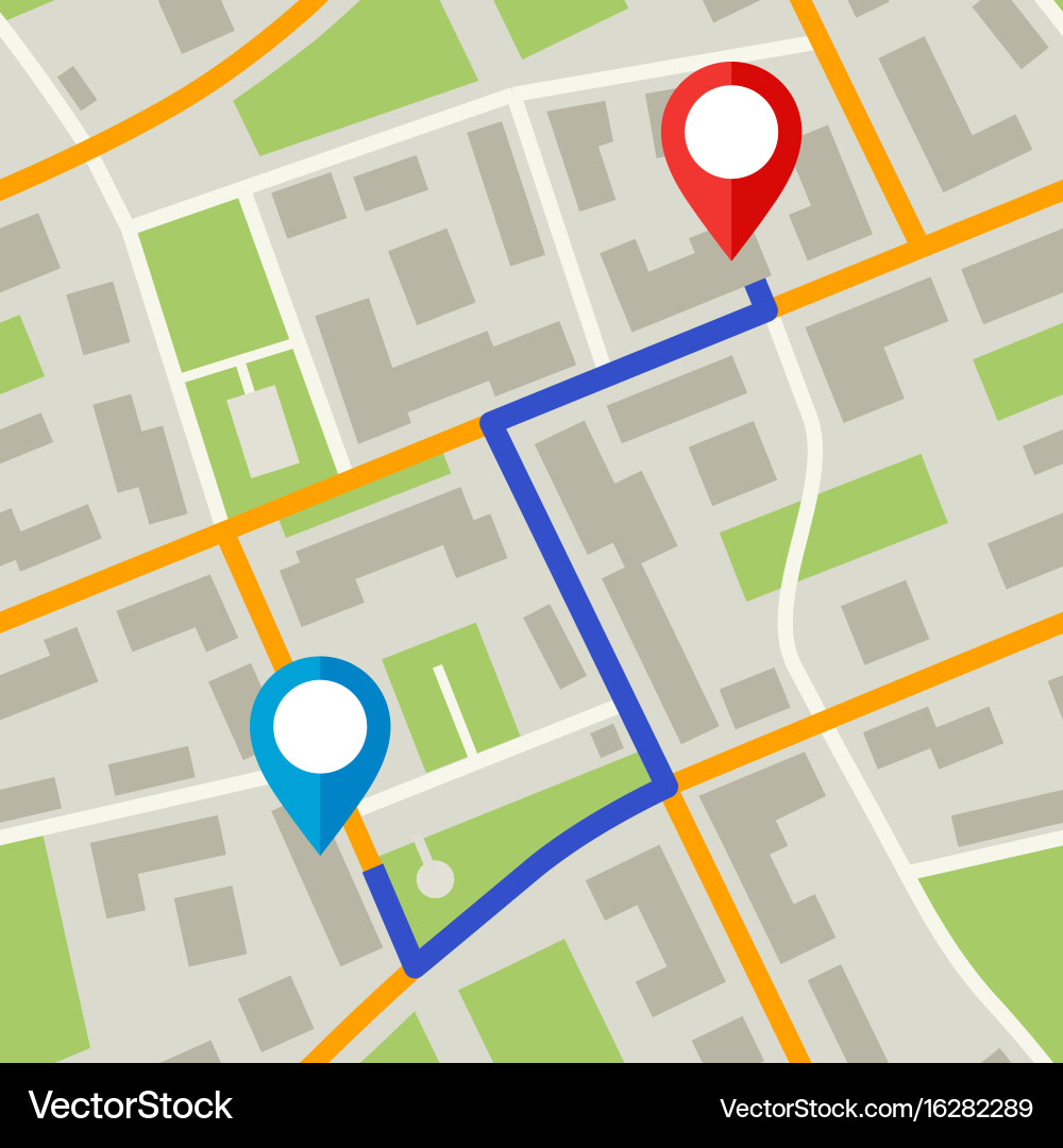 Map with pins and blue way Royalty Free Vector Image