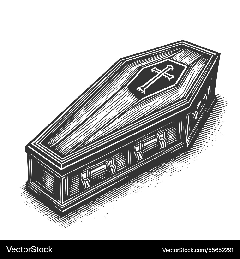 Wooden coffin with cross engraving Royalty Free Vector Image