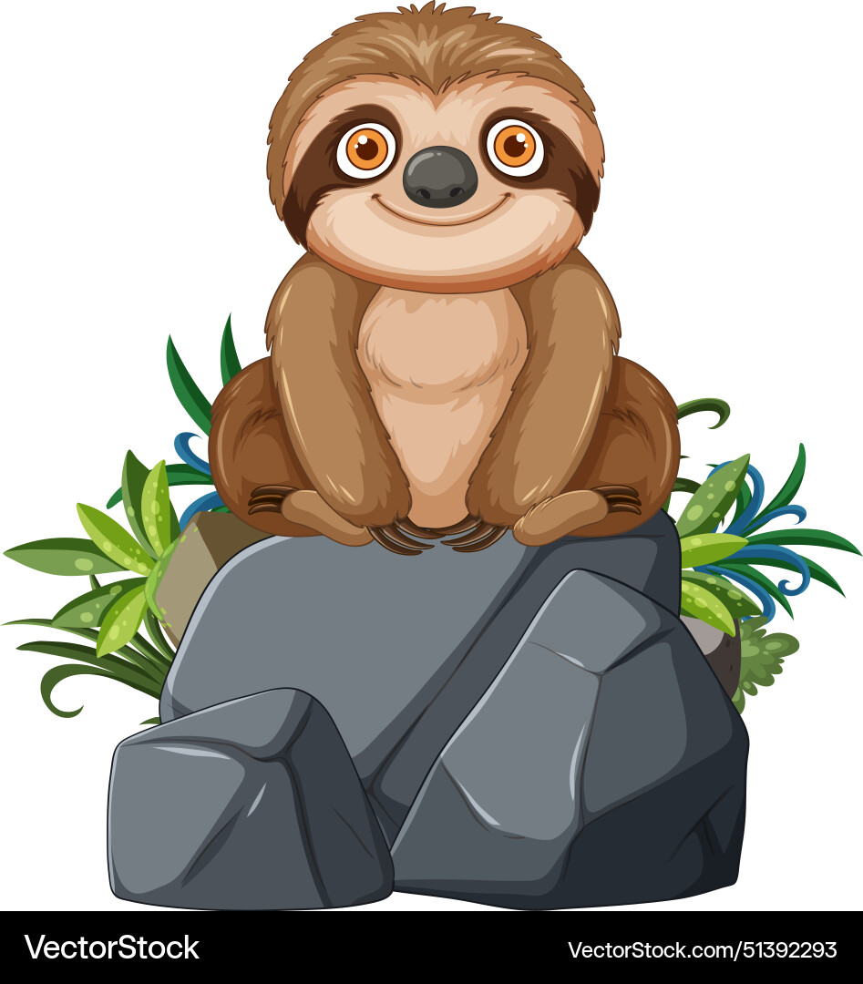 Adorable sloth sitting on rocks with plants Vector Image