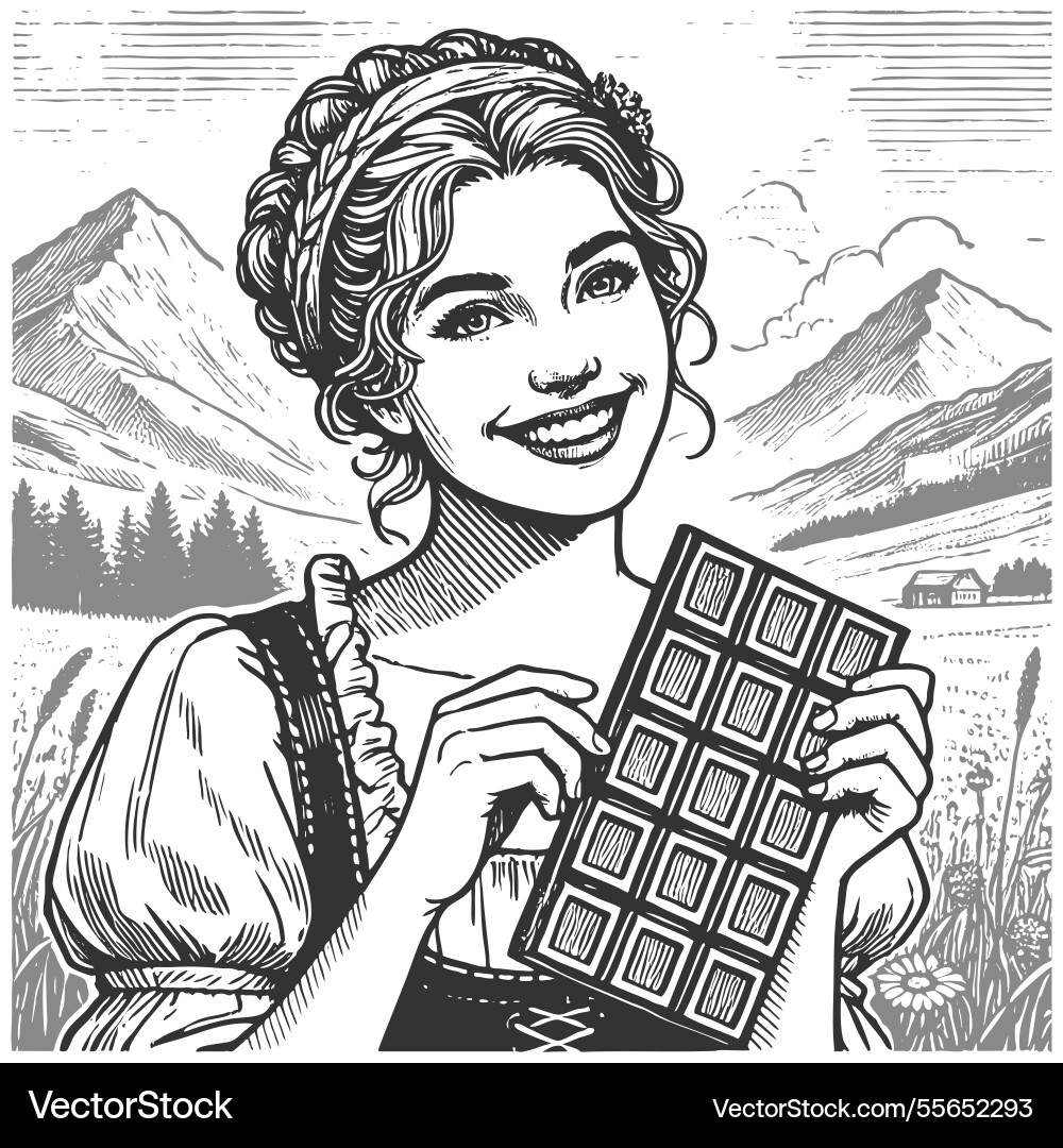 Smiling woman with chocolate engraving Royalty Free Vector