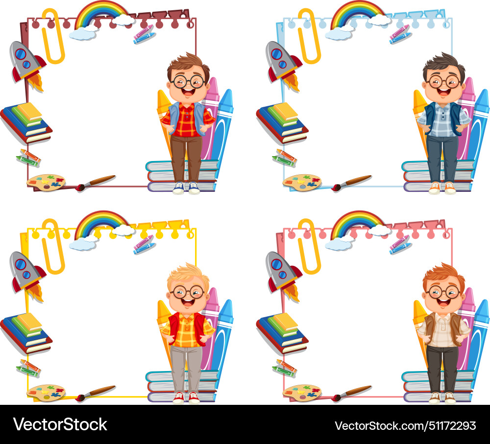 Students with school supplies and frames Vector Image