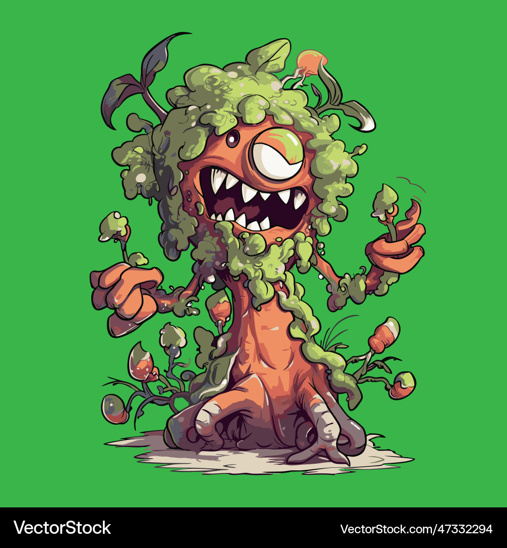 Cartoon tree monster on a green background Vector Image