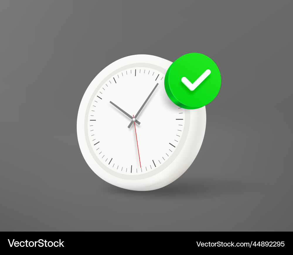White clock with green checkmark 3d icon Vector Image
