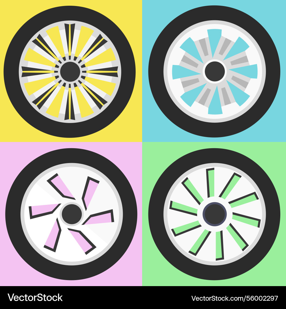 Four stylized car wheels each with a unique spoke Vector Image