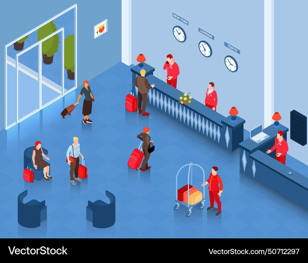 Hotel lobby isometric composition Royalty Free Vector Image