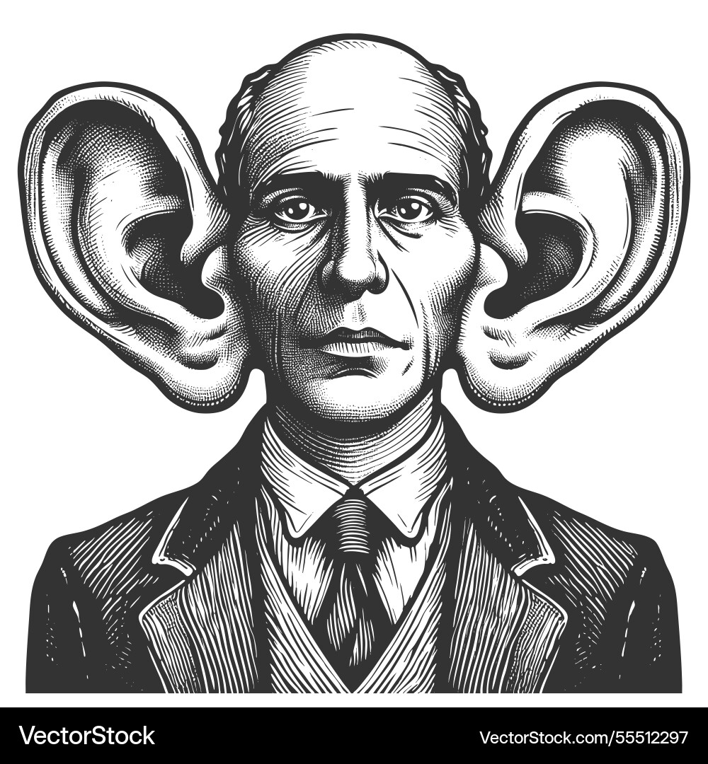 Man with giant ears engraving Royalty Free Vector Image