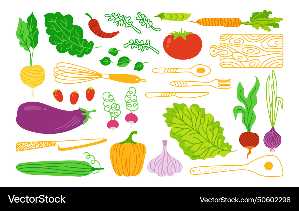 Vegetables cartoon drawing set hand drawn healthy Vector Image