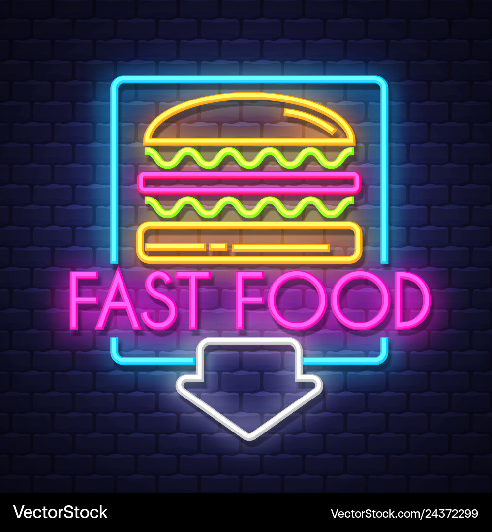 Fast food- neon sign on brick wall background Vector Image