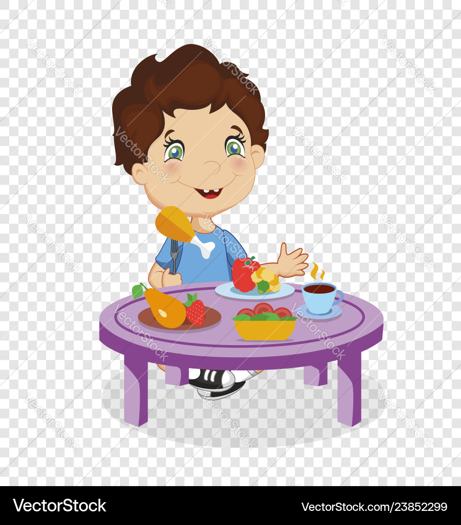 Funny smiling cartoon boy eating dinner at table Vector Image
