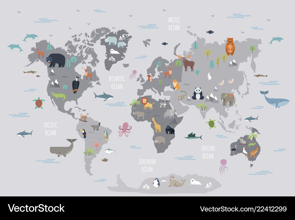 World map with wild animals Royalty Free Vector Image
