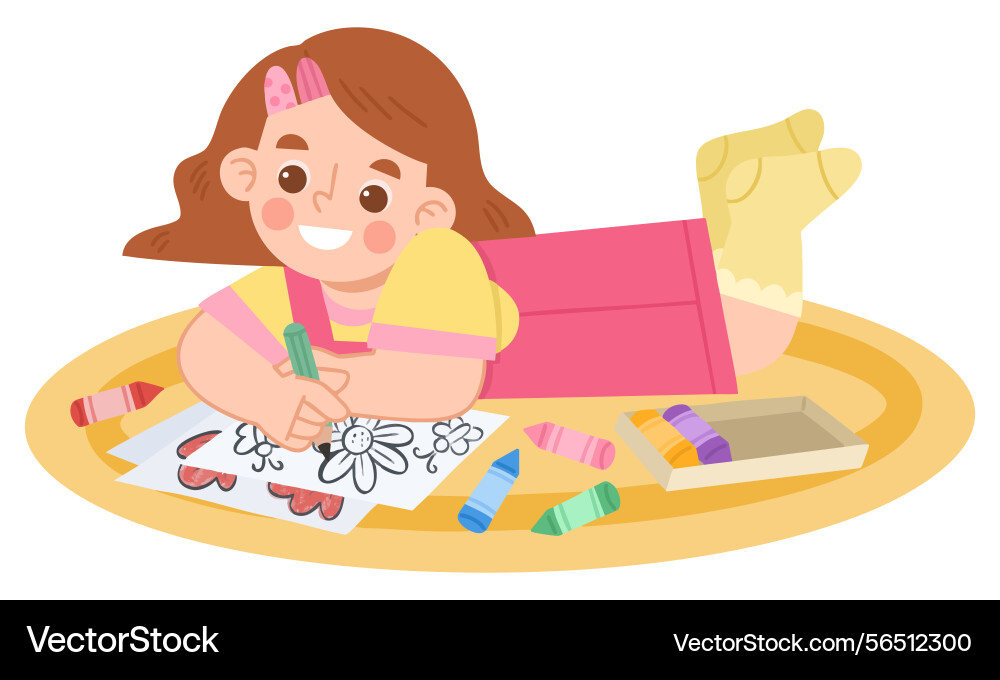 A happy girl drawing with crayons Royalty Free Vector Image
