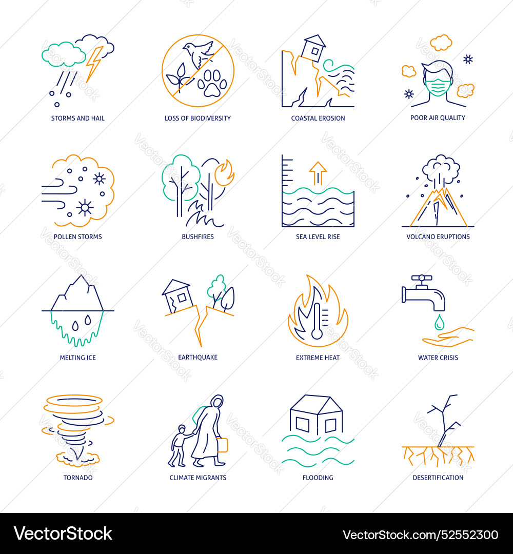 Climate change effect line icon set Royalty Free Vector
