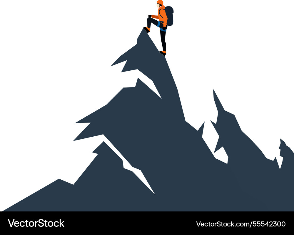Climber on mountain peak in flat minimal art style