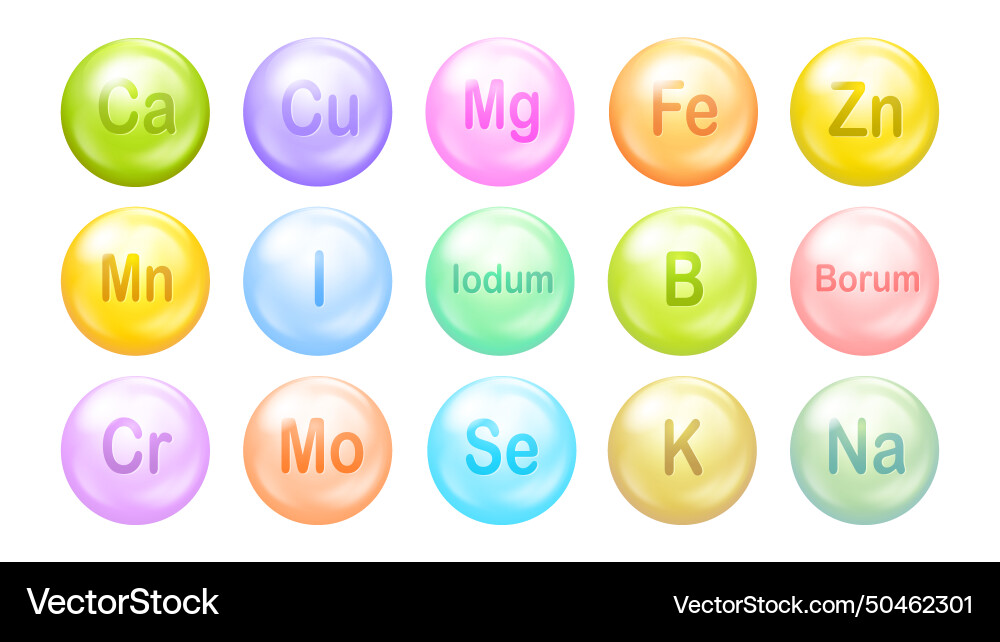 Minerals icon set 3d pills drop capsules vitamin Vector Image