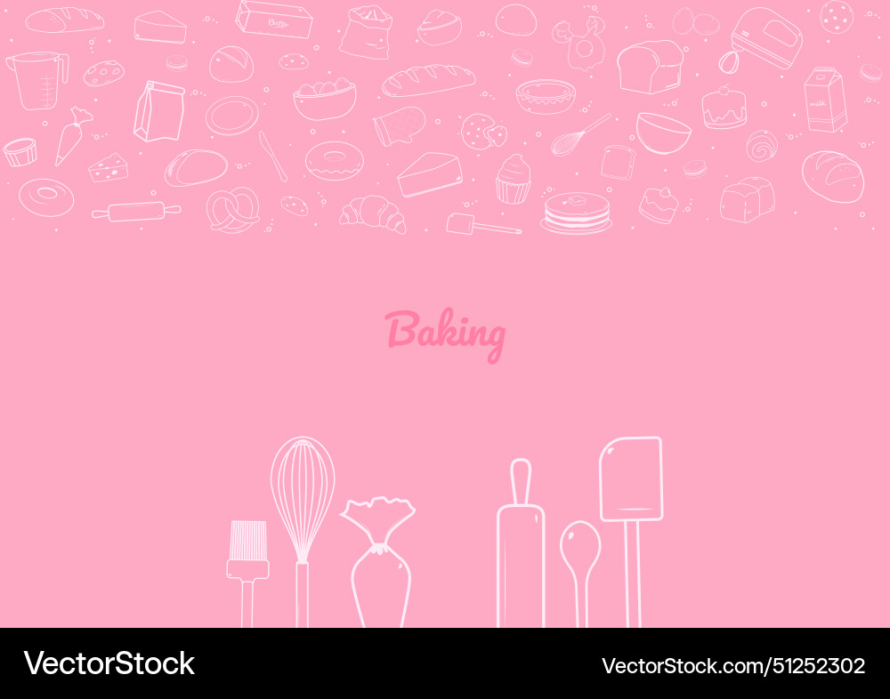 Baking utensils and bakery products on pink Vector Image