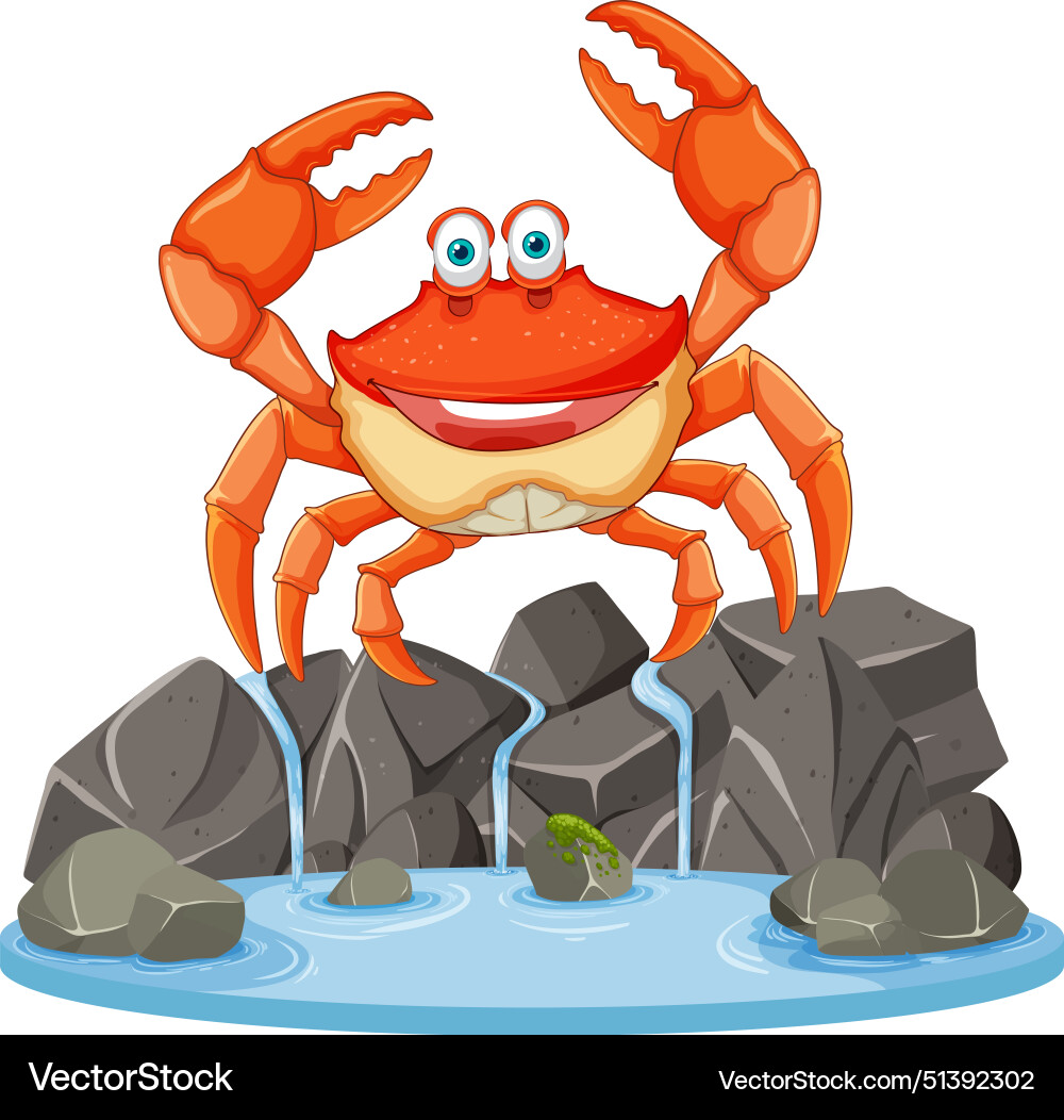 Cheerful crab standing on rocks by water Vector Image