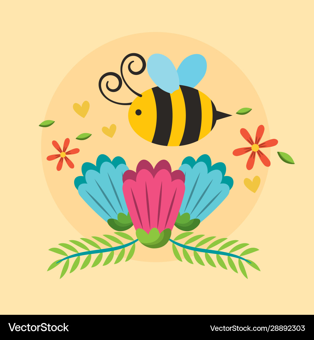 Hello spring poster with flowers and bee flying Vector Image