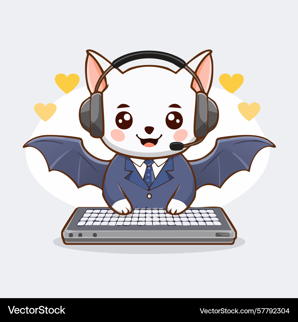 Adorable bat in suit with headset working on Vector Image
