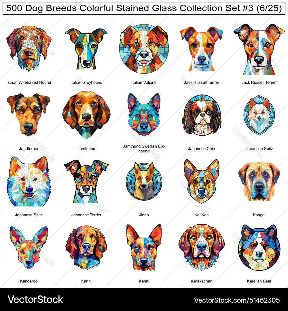 Colorful dog breeds stained glass cute dogs Vector Image