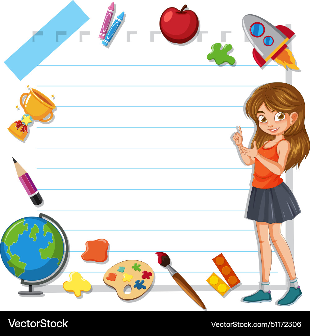 Cartoon schoolgirl with various learning objects Vector Image