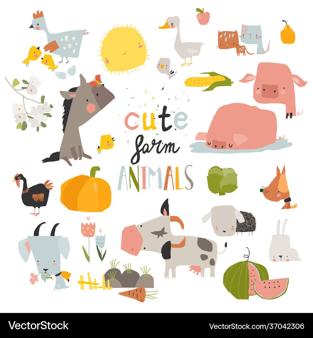 Cute farm animals set on white background Vector Image