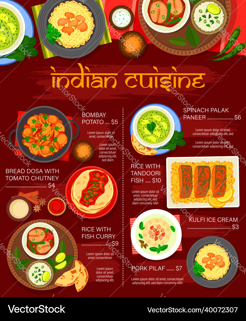 Indian cuisine menu fish curry rice vegetables Vector Image