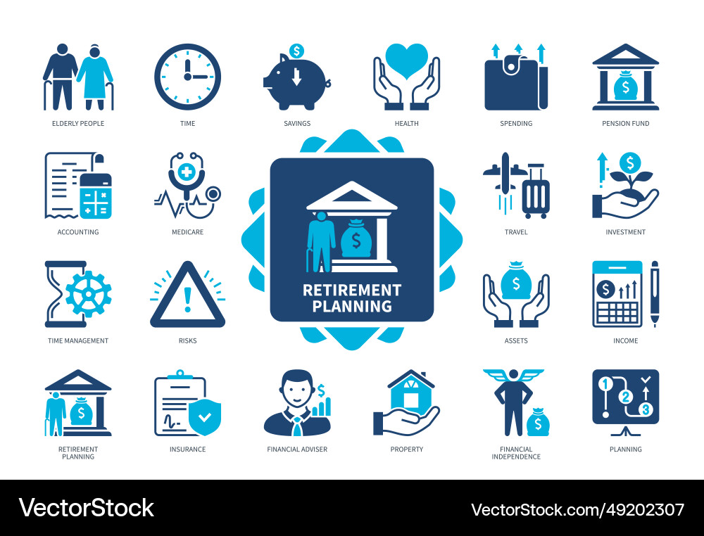 Retirement planning solid icon set Royalty Free Vector Image