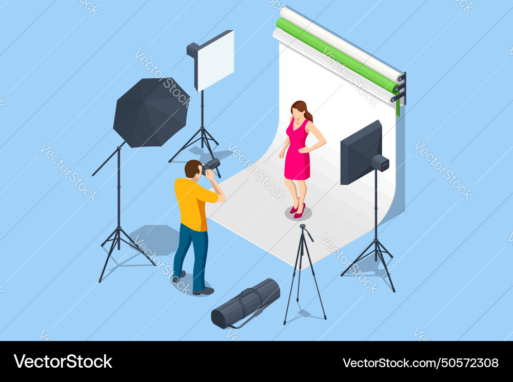 Isometric photographer and model in studio modern Vector Image