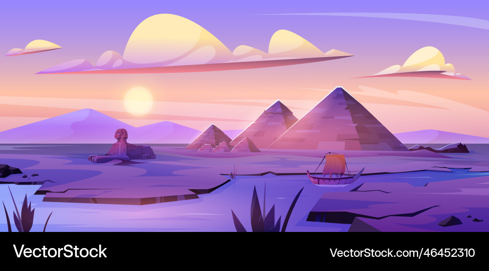 Egyptian pyramids and nile river at sunset Vector Image