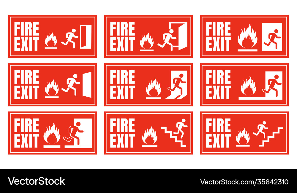Emergency fire exit sign set door label Royalty Free Vector