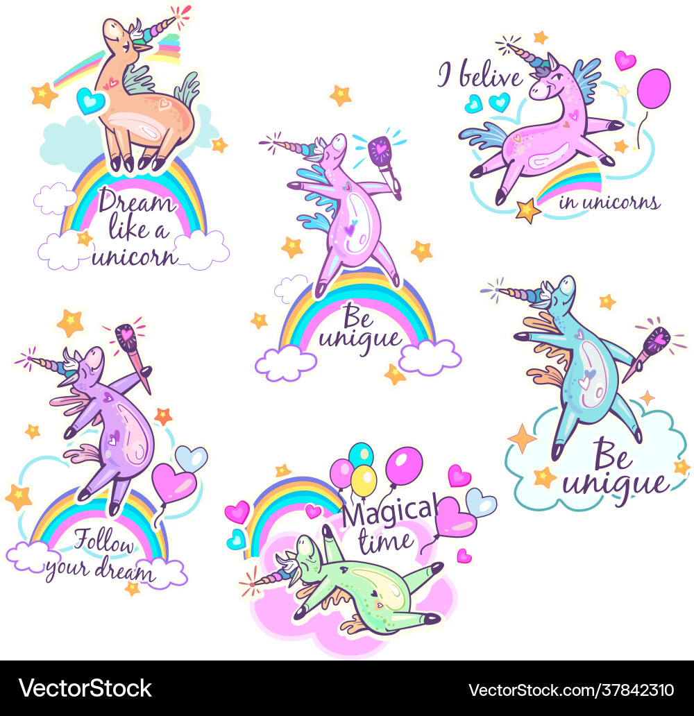 Magical Unicorn Stickers Collection Royalty Free Vector