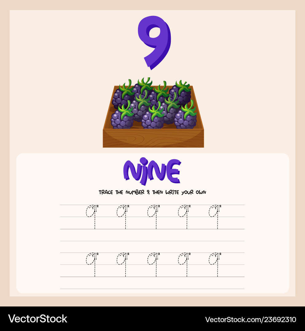 Number nine tracing worksheets Royalty Free Vector Image