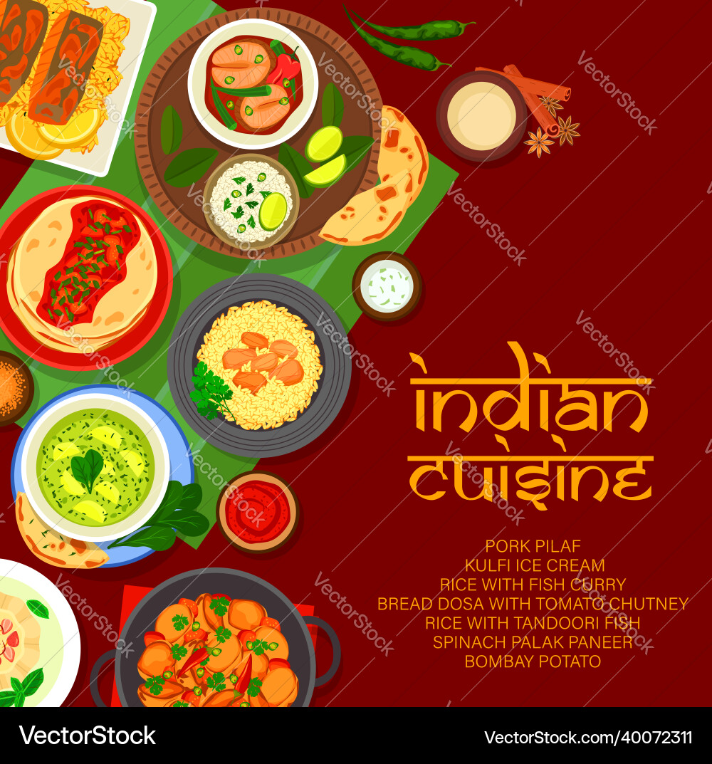 Indian restaurant menu cover rice and fish curry Vector Image