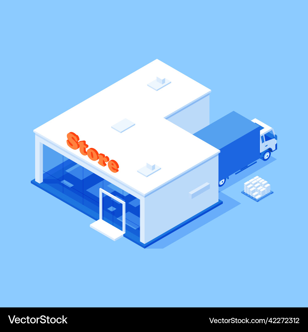 Goods shipment truck unloading at store Royalty Free Vector