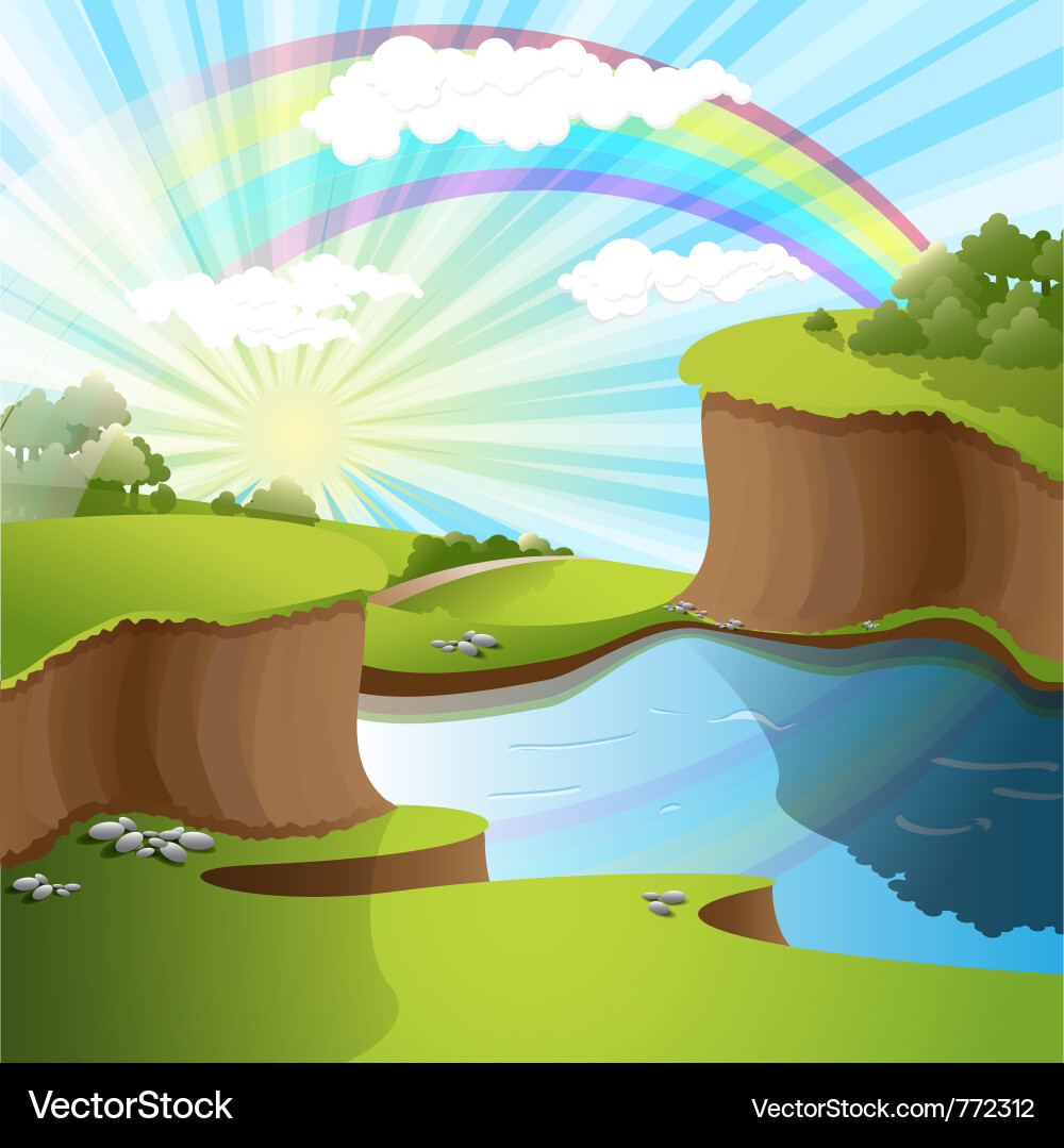 Riverbank Rainbow Landscape Royalty Free Vector Image