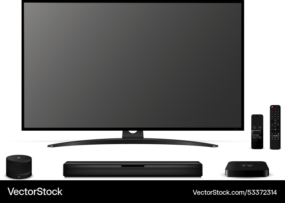 Oled tv with remote control sound bar set-top box Vector Image