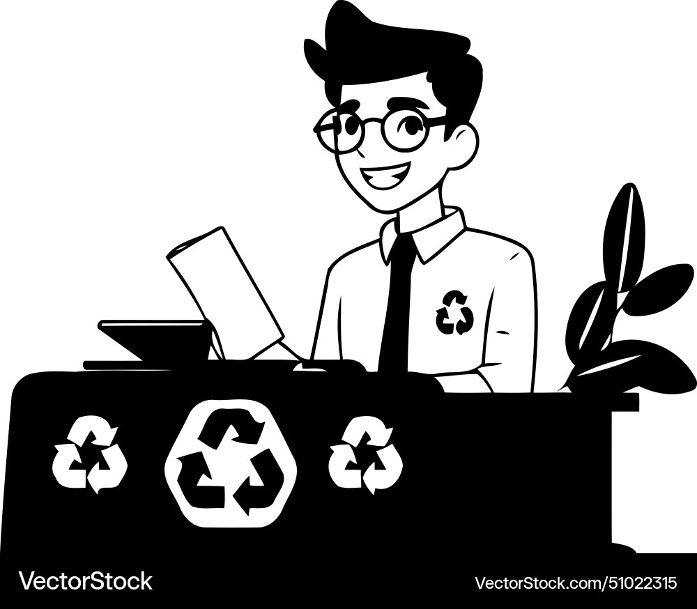 A young man in white coat and glasses sorting Vector Image