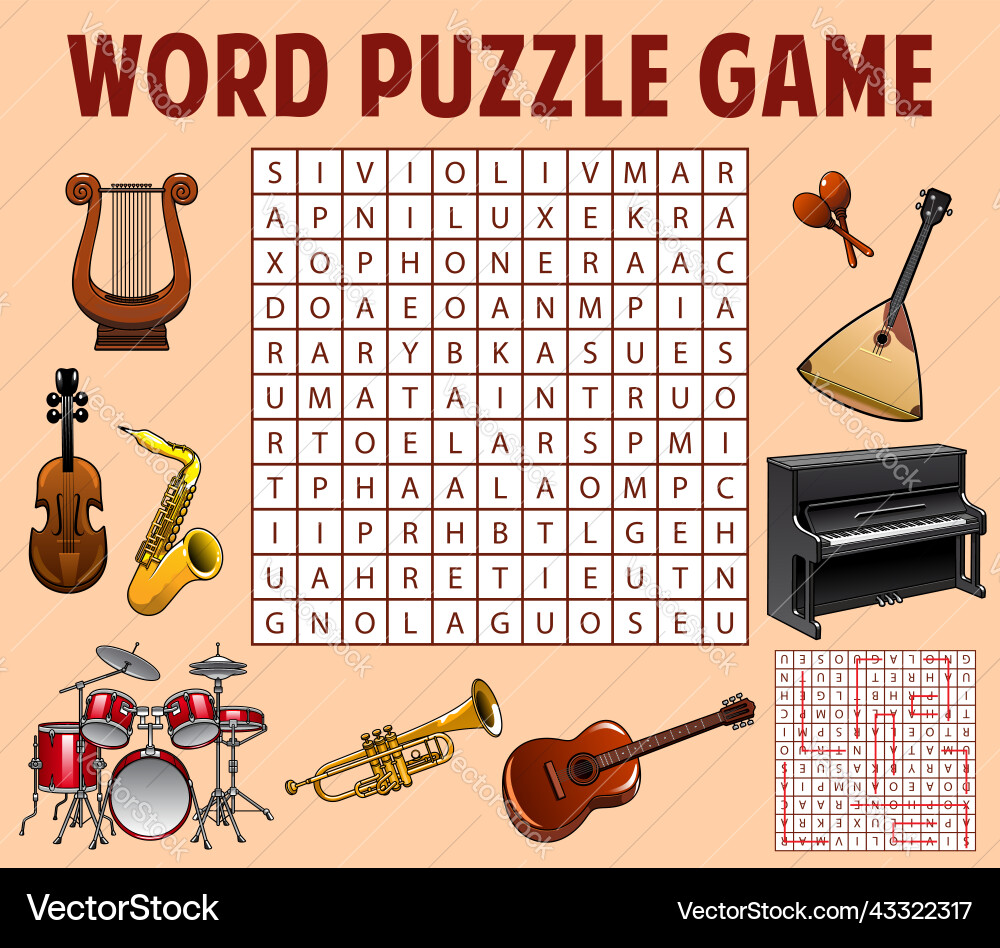 Musical instruments word search game worksheet Vector Image
