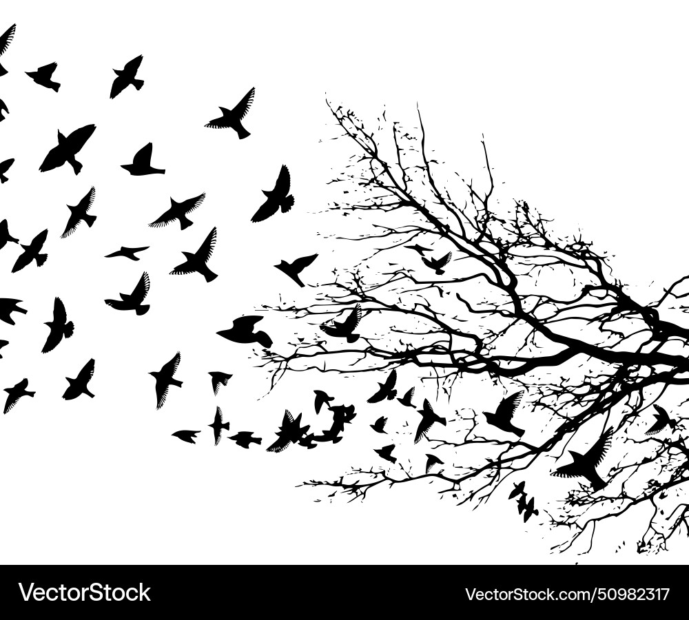 Tree and flying birds in the sky hand drawing Vector Image