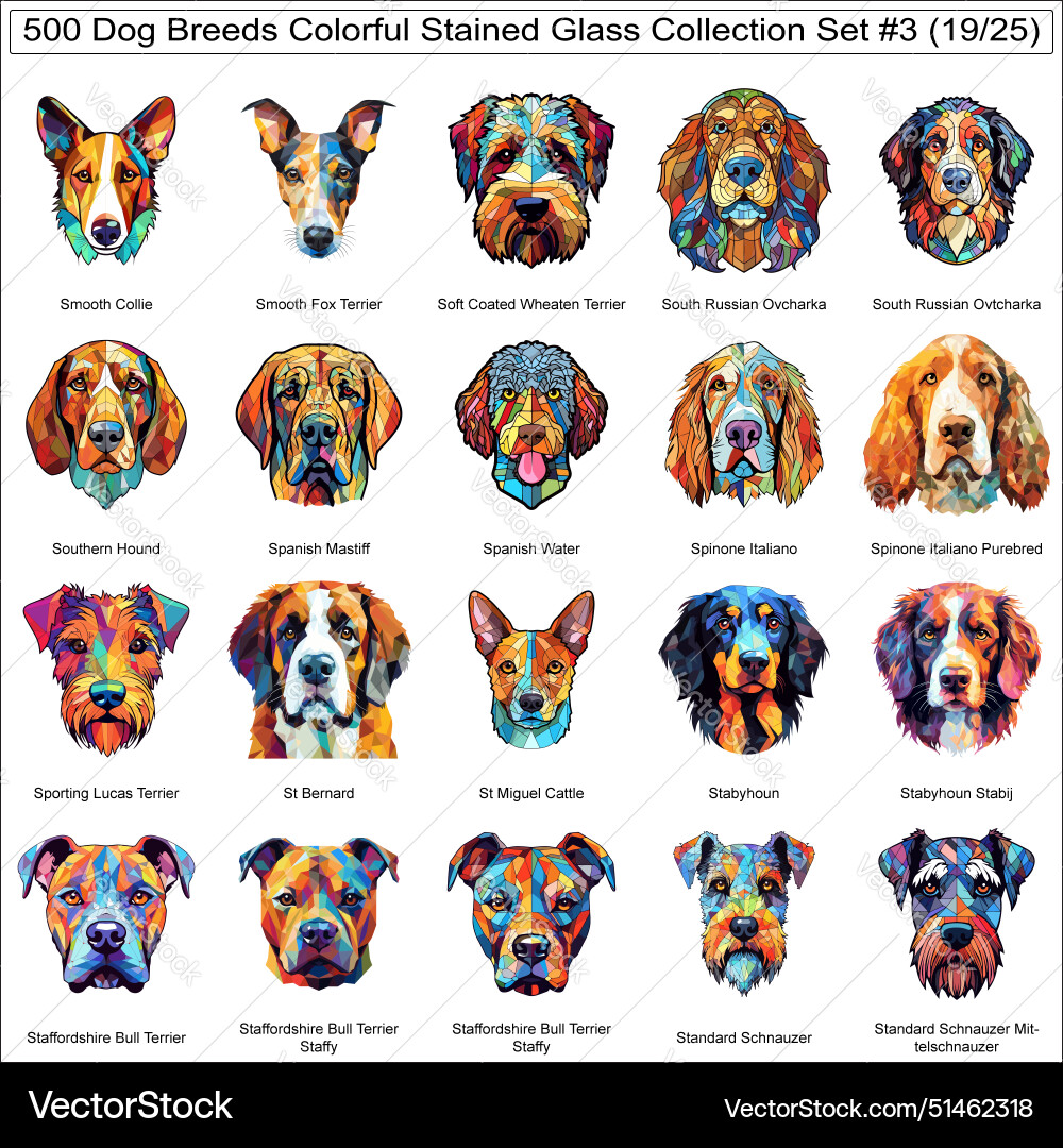 Colorful dog breeds stained glass cute dogs Vector Image