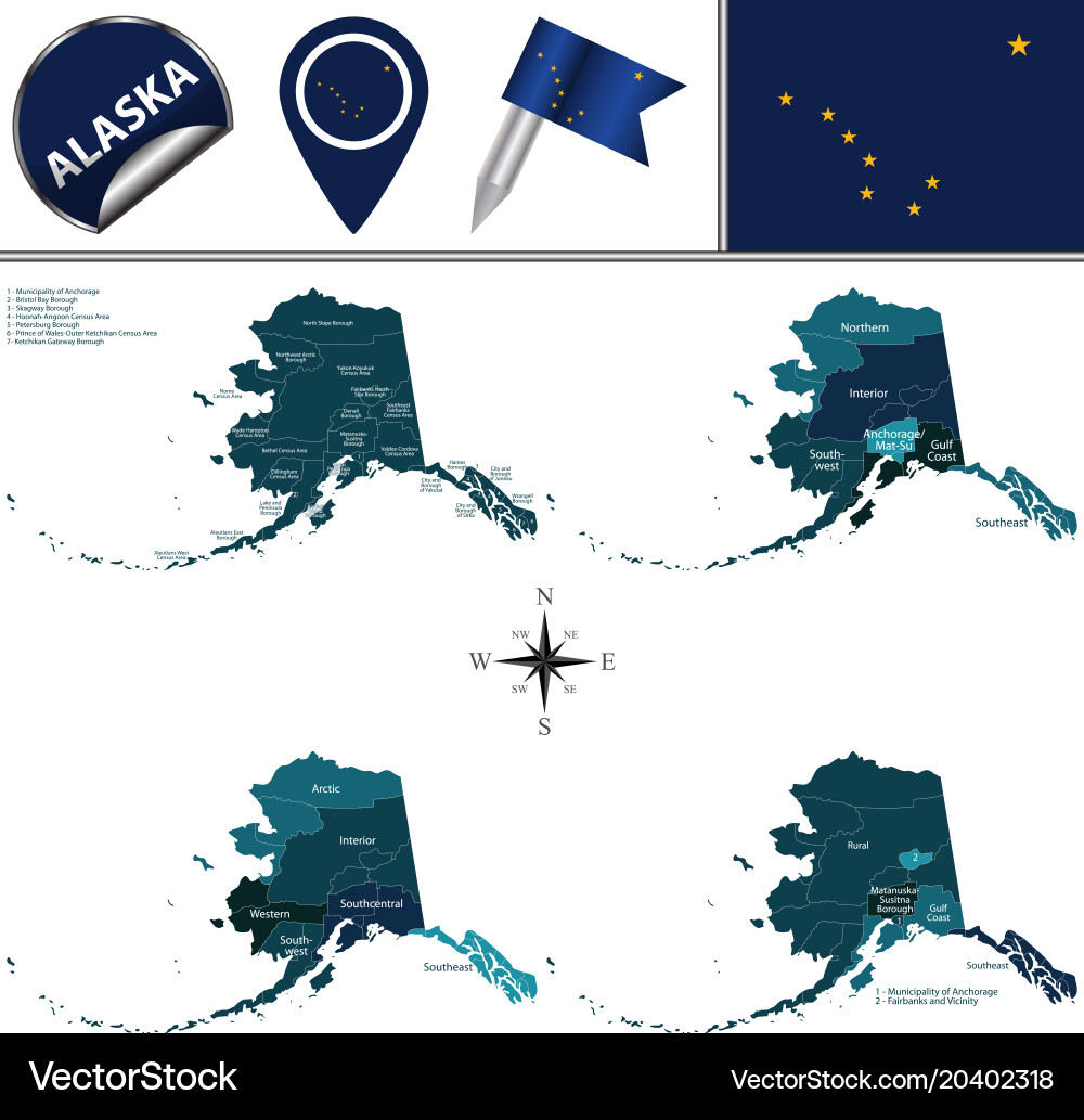 Map of alaska with regions Royalty Free Vector Image