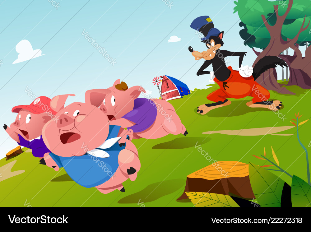 Three little pigs and scary wolf Royalty Free Vector Image
