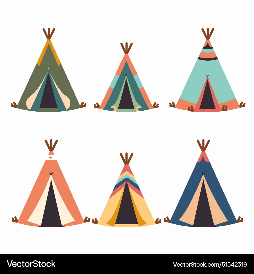 Collection colorful teepees designed flat style Vector Image