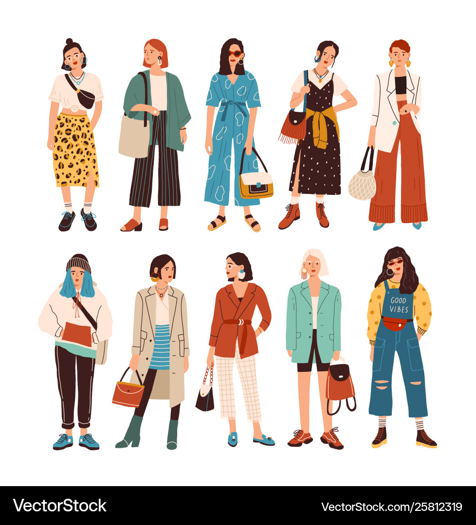 Collection stylish young women dressed Royalty Free Vector
