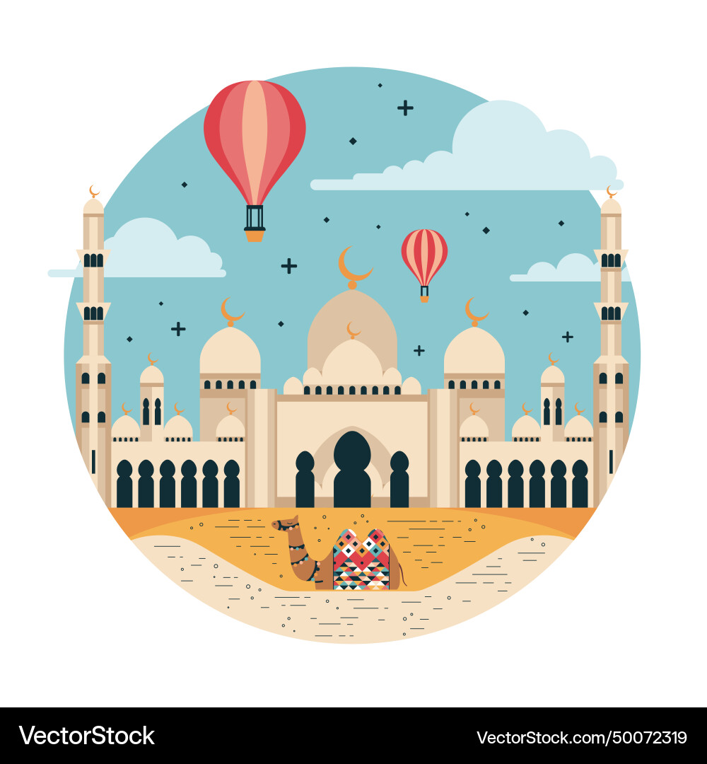 Travel uae circle icon with white mosque and camel